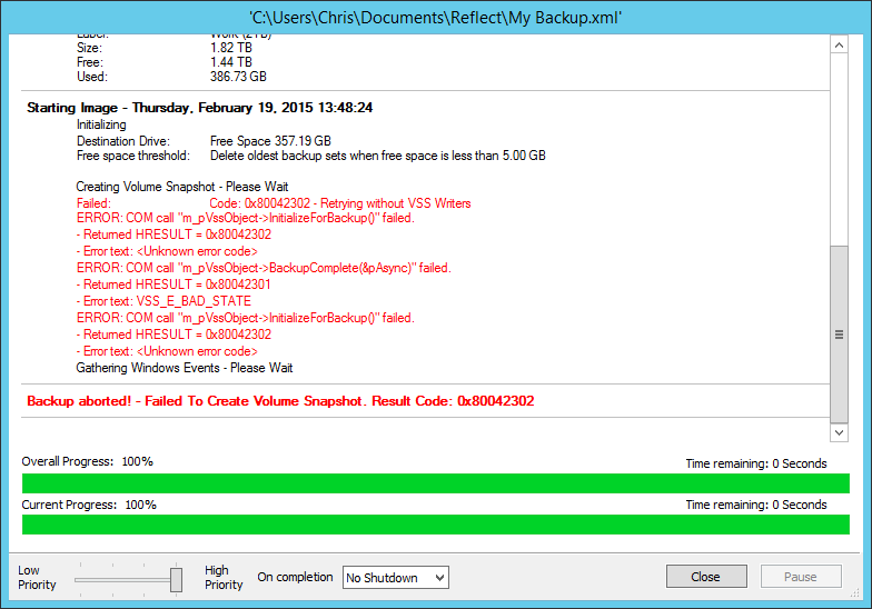 Macrium reflect failed to create volume snapshot 0x80042306 - iopda